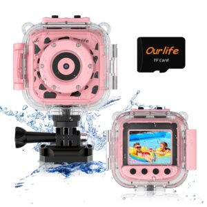 ourlife waterproof camera for kids, 1080p hd kids digital action camera underwater camera with 8gb sd card, birthday gift toys for girls age 3-14