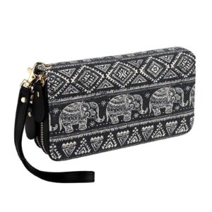 bohemian purse wallet canvas elephant pattern handbag with coin pocket and strap (large, black elephant)