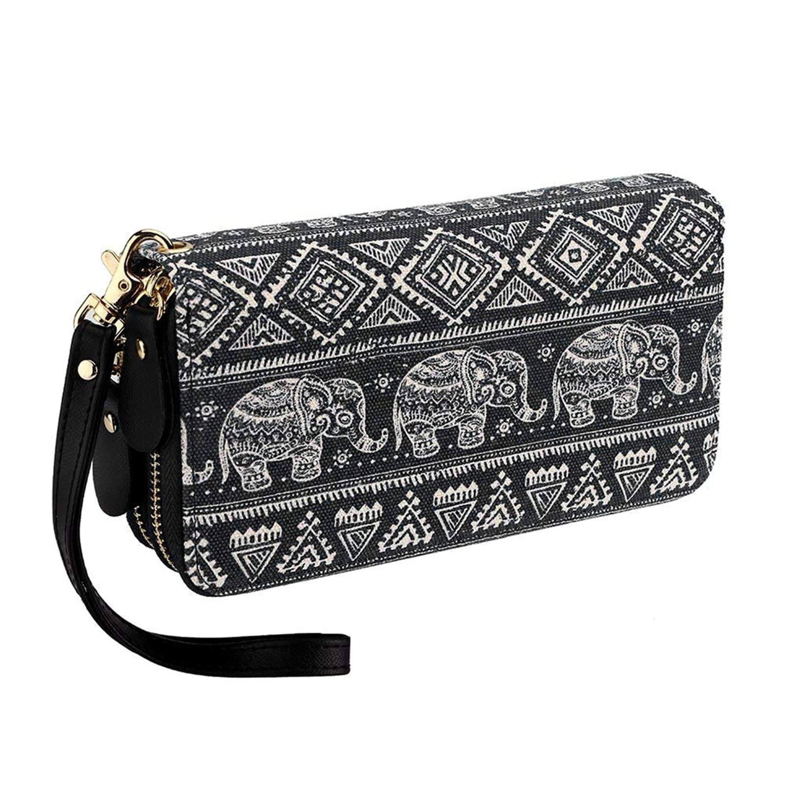 Bohemian Purse Wallet Canvas Elephant Pattern Handbag with Coin Pocket and Strap (Large, Black Elephant)