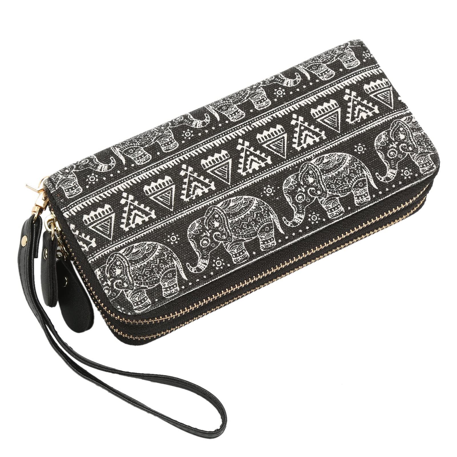 Bohemian Purse Wallet Canvas Elephant Pattern Handbag with Coin Pocket and Strap (Large, Black Elephant)