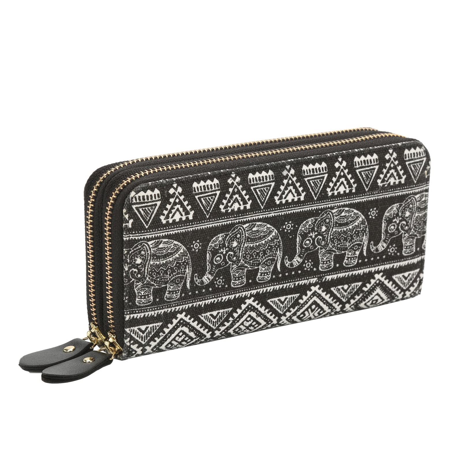 Bohemian Purse Wallet Canvas Elephant Pattern Handbag with Coin Pocket and Strap (Large, Black Elephant)