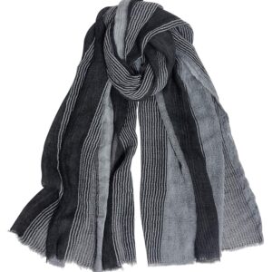 GERINLY Cotton-Linen Scarves Mens Stripe Crinkle Long Scarf Fashion Turban Shawl for Travel Male Wrap (Black)