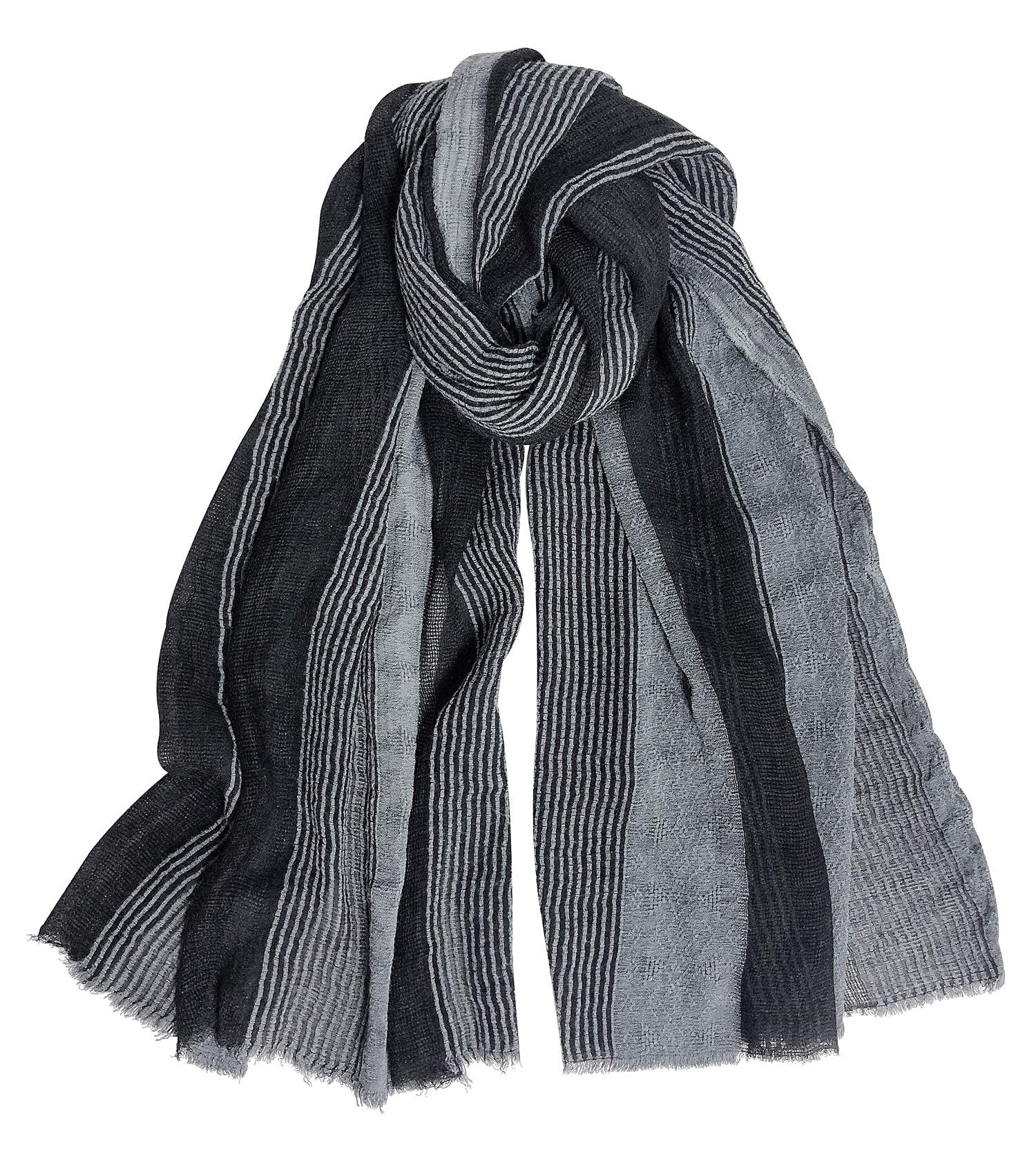 GERINLY Cotton-Linen Scarves Mens Stripe Crinkle Long Scarf Fashion Turban Shawl for Travel Male Wrap (Black)