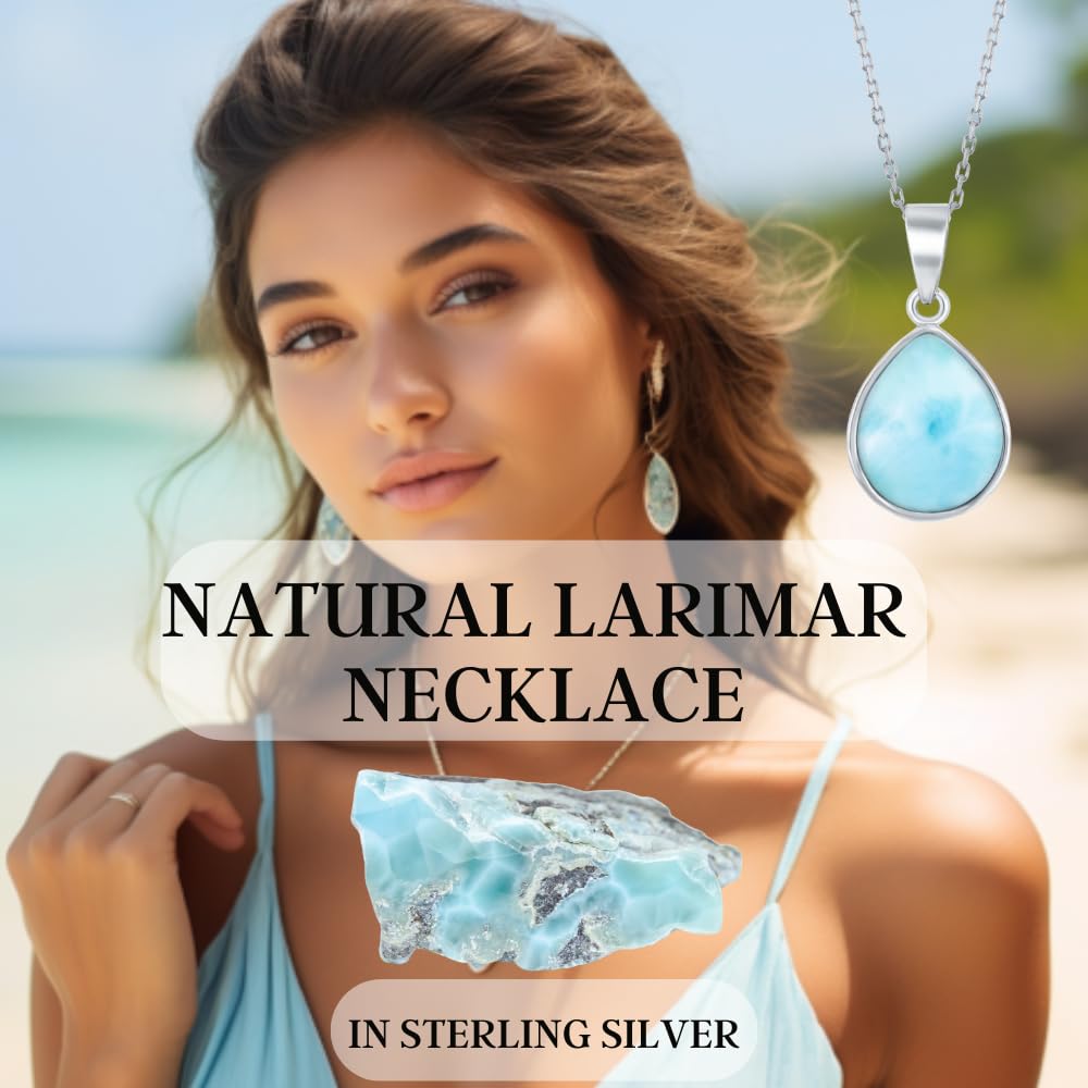 Beaux Bijoux Sterling Silver Blue Larimar Necklace for Women - Natural Larimar Jewelry - Blue Larimar Stones - 18 inch Pear Teardrop Pendant Necklace - Larimar Blue Necklaces for Women