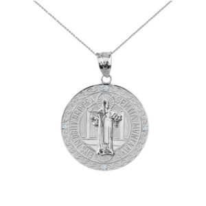 .925 sterling silver cubic zirconia st benedict 3/4” medal pendant necklace - 18”