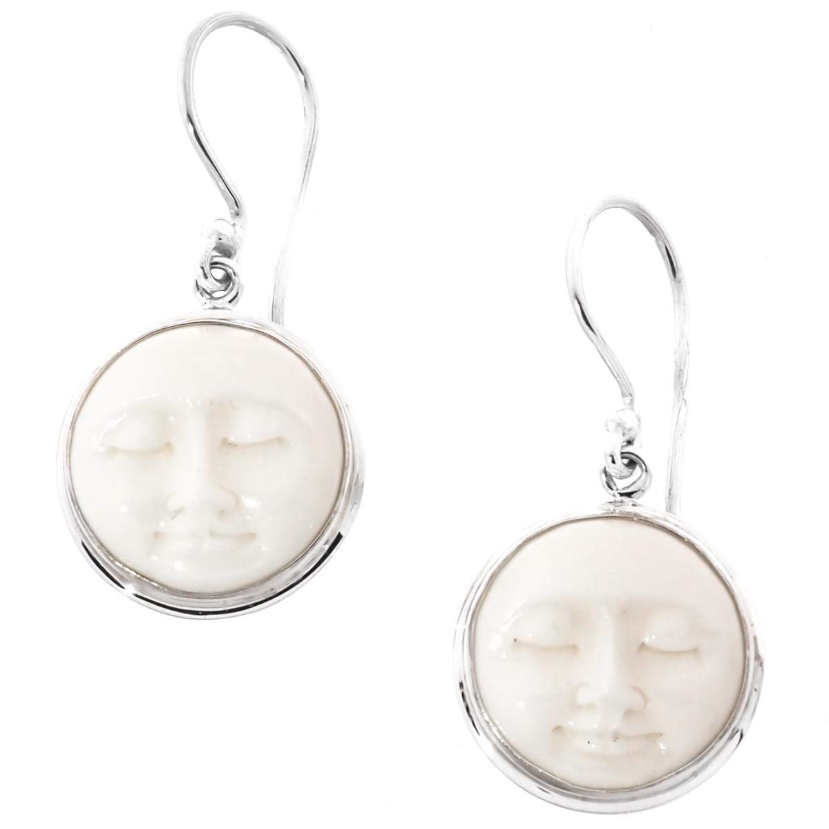 Moon Face Buffalo Bone Hand Carving 925 Sterling Silver Earrings 13/16"