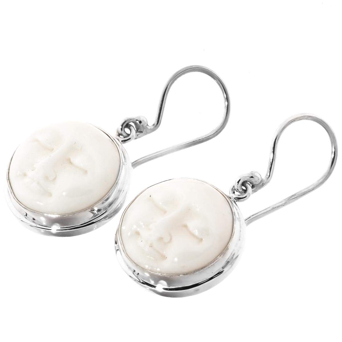 Moon Face Buffalo Bone Hand Carving 925 Sterling Silver Earrings 13/16"