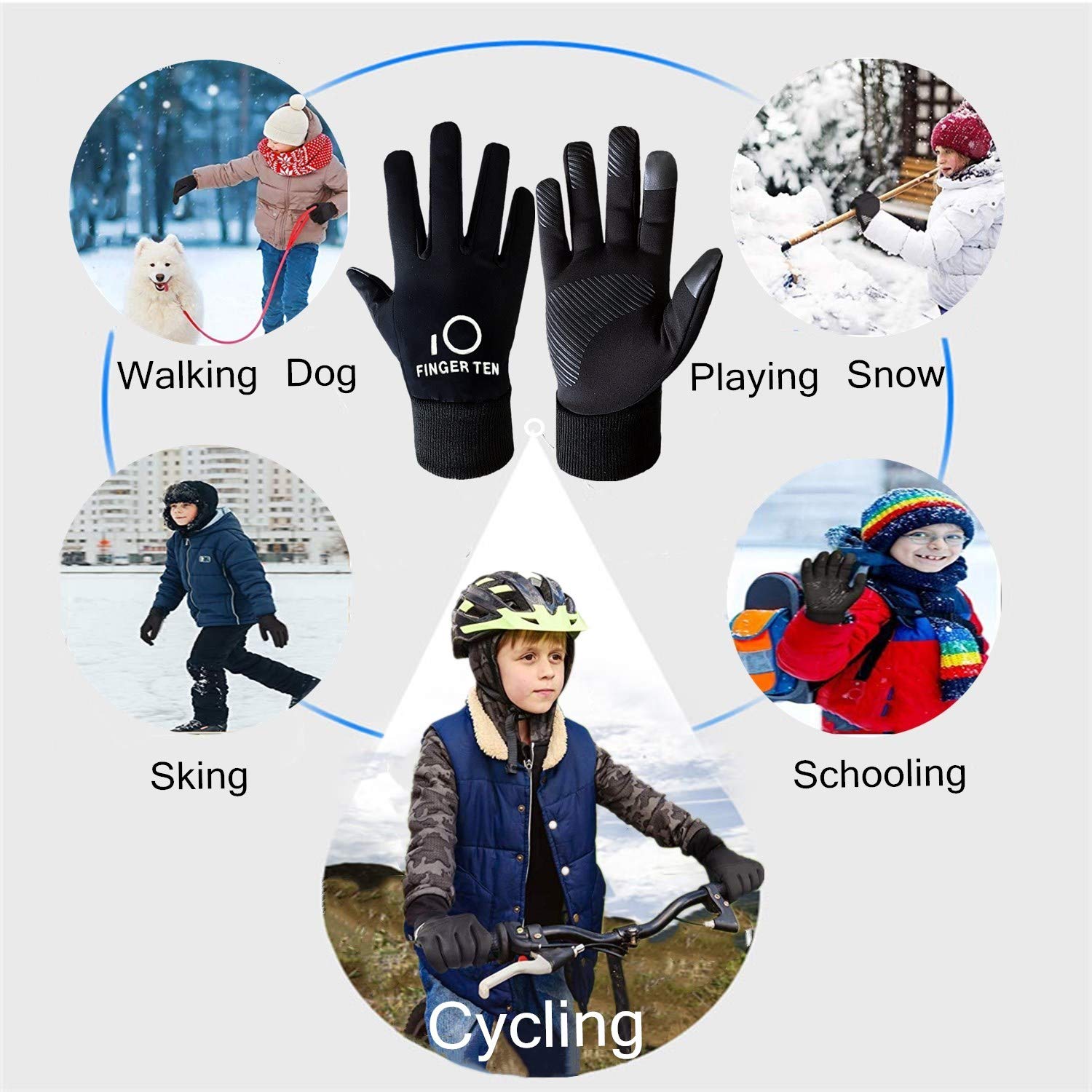 FINGER TEN Winter Gloves Touchscreen for Kids Boys Girls Running Thermal Gloves for Cold Weather, Youth Lightweight Warm Touch Screen Gloves for Hiking Skating Football (Black, Small)