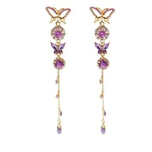 fxmimior Long Tassels Butterfly Earrings Dainty Silver Drop Earrings Statement Charm Earring Purple Rhinestones Crystals Body Jewelry for Women