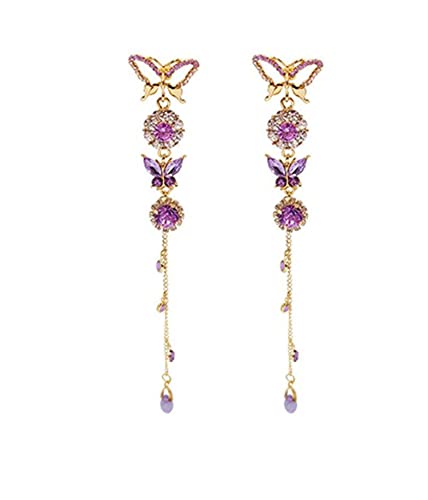 fxmimior Long Tassels Butterfly Earrings Dainty Silver Drop Earrings Statement Charm Earring Purple Rhinestones Crystals Body Jewelry for Women