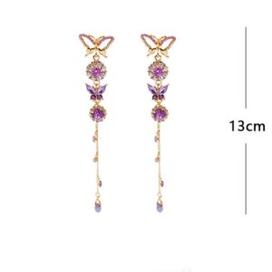 fxmimior Long Tassels Butterfly Earrings Dainty Silver Drop Earrings Statement Charm Earring Purple Rhinestones Crystals Body Jewelry for Women