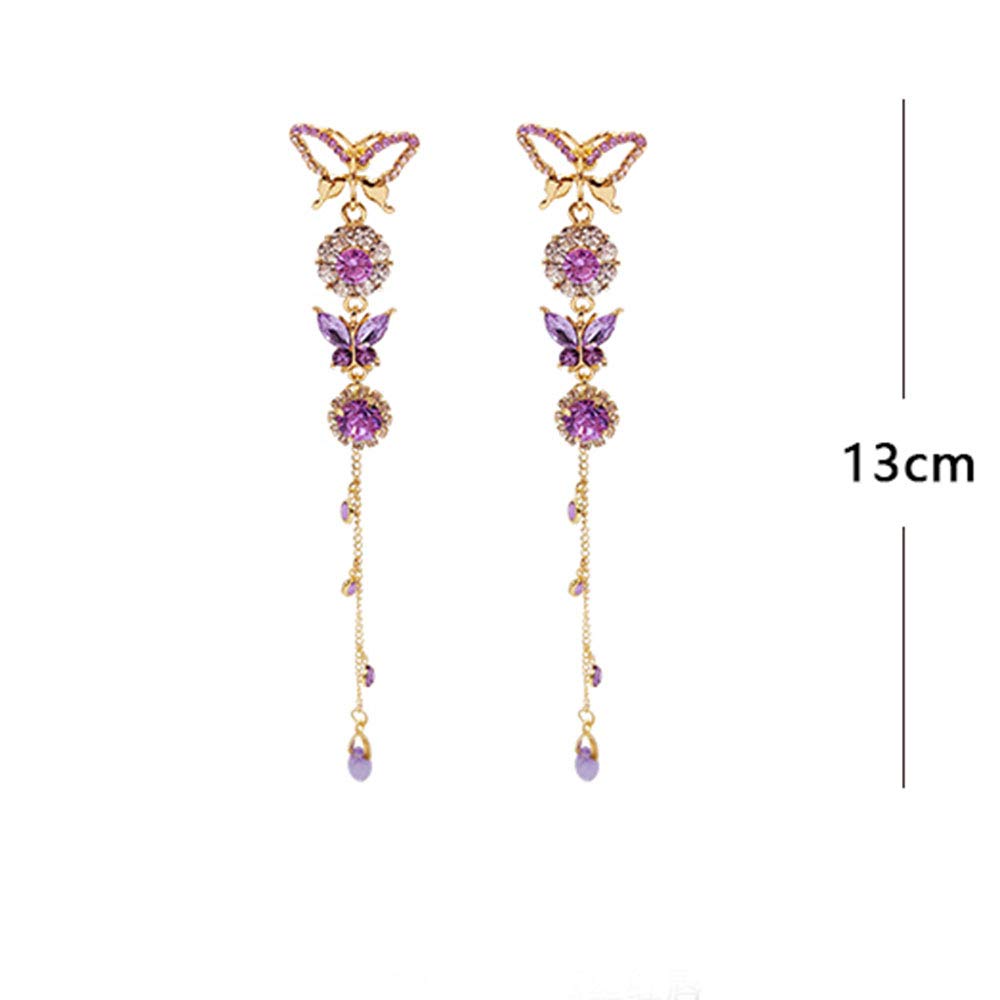 fxmimior Long Tassels Butterfly Earrings Dainty Silver Drop Earrings Statement Charm Earring Purple Rhinestones Crystals Body Jewelry for Women