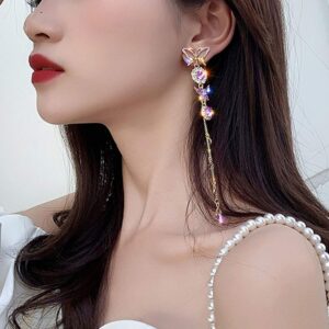 fxmimior Long Tassels Butterfly Earrings Dainty Silver Drop Earrings Statement Charm Earring Purple Rhinestones Crystals Body Jewelry for Women