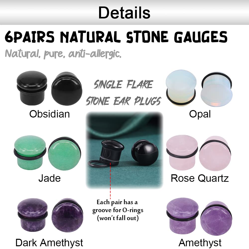 PunkTracker 6Pairs 4g-11/16” Multiple Stone Single Flared Ear Plugs with Silicone O-Ring Expander Gauges