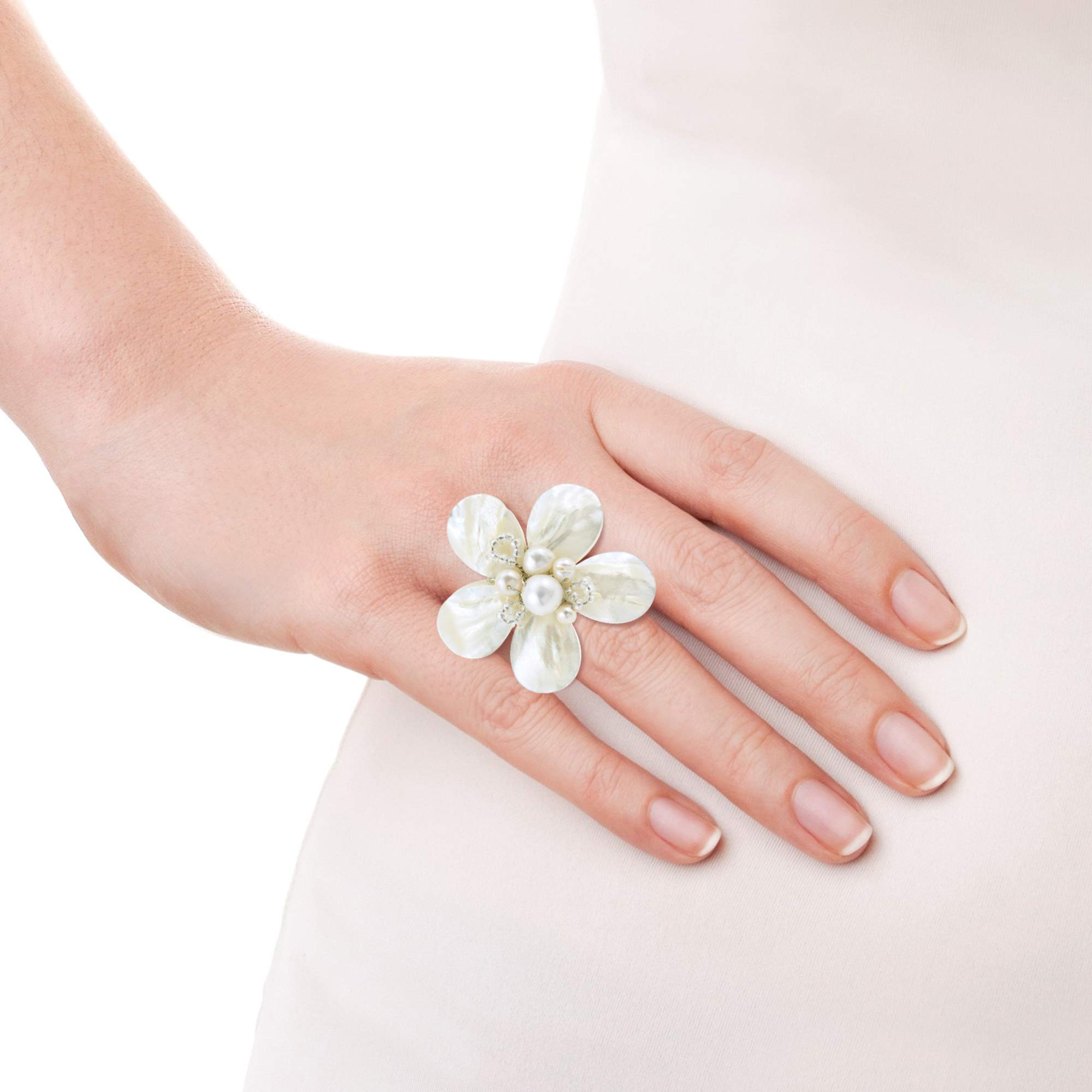 AeraVida Beautiful Mix of Shell, Crystal & Pearl White Tropical Flower Statement Ring | Elegant Handmade Jewelry for Women | Handmade Cultured Freshwater Pearl Ring