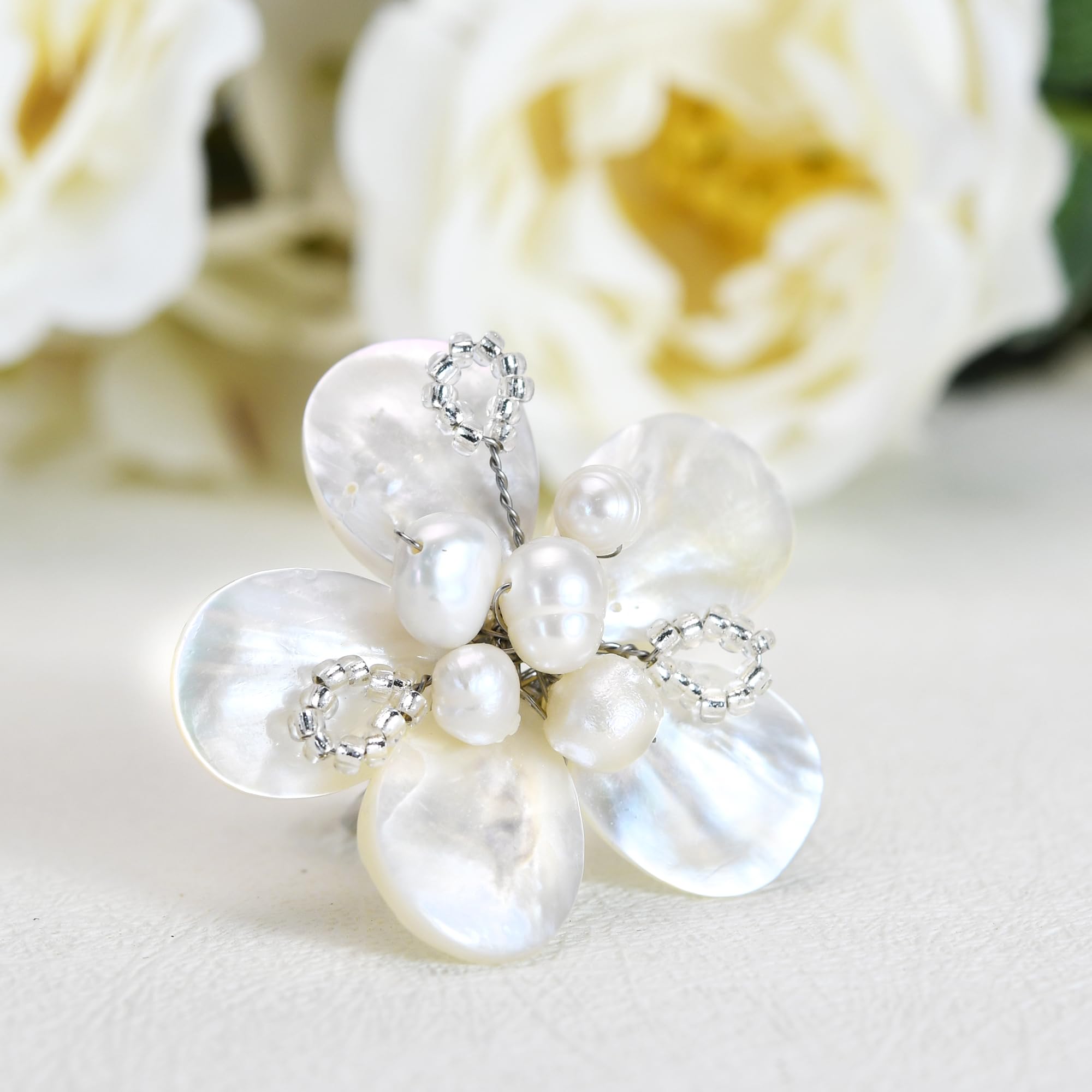 AeraVida Beautiful Mix of Shell, Crystal & Pearl White Tropical Flower Statement Ring | Elegant Handmade Jewelry for Women | Handmade Cultured Freshwater Pearl Ring