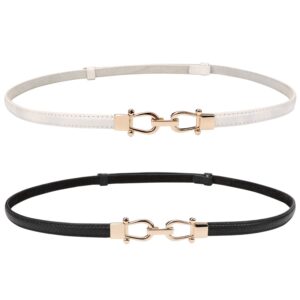 jasgood leather skinny women belt thin waist belts for dresses up to 37 inches with golden buckle 2 pack(black+white,waist size below 37 inches)