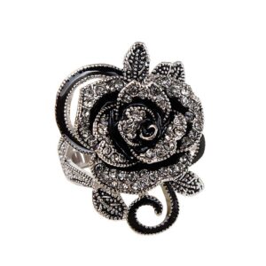 yfnfxl women's cocktail ring fashion black crystal marcasite rose flower stainless steel rings