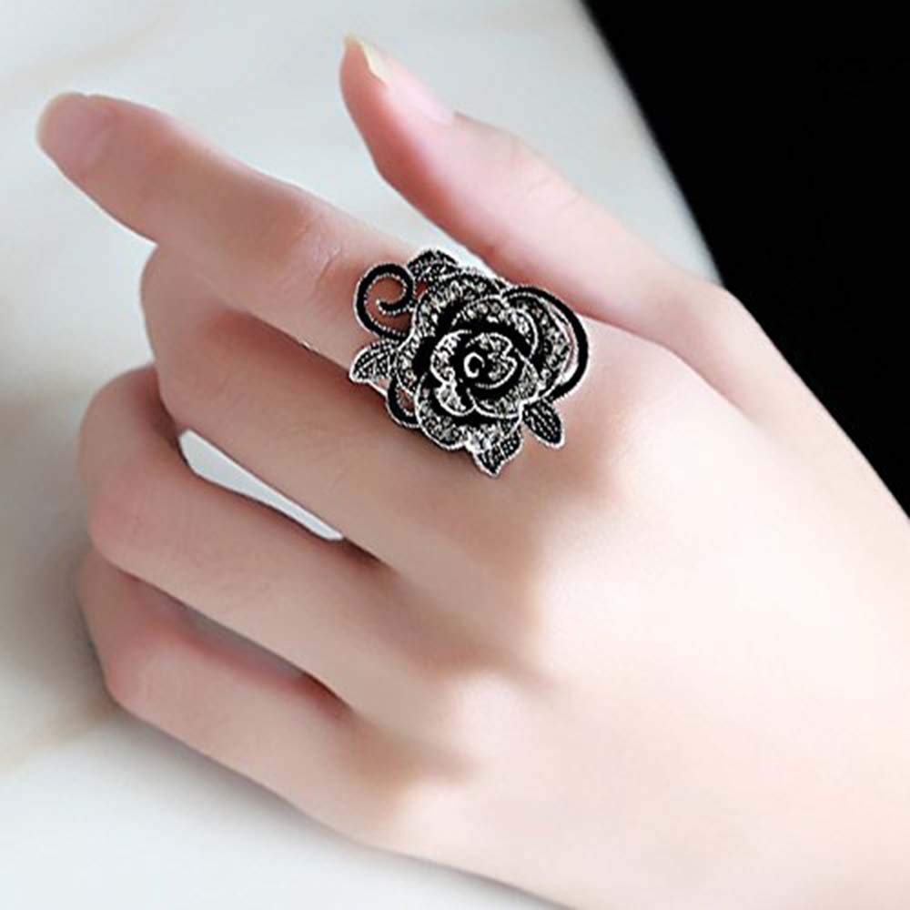 Yfnfxl Women's Cocktail Ring Fashion Black Crystal Marcasite Rose Flower Stainless Steel Rings