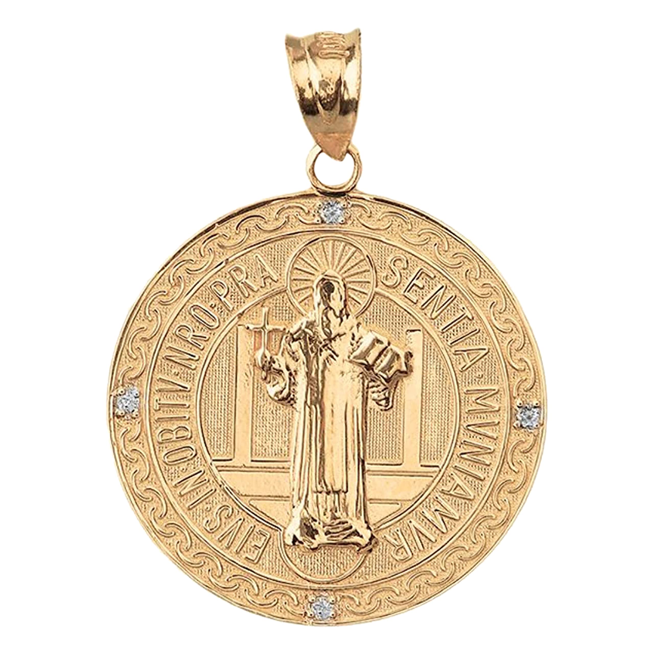 14K Yellow Gold Diamond Accented 1” Round Two Sided Saint Benedict Medalla de San Benito Medal Pendant