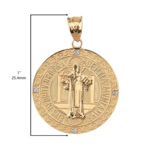 14K Yellow Gold Diamond Accented 1” Round Two Sided Saint Benedict Medalla de San Benito Medal Pendant