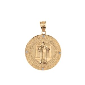 medalla de san benito saint st benedict 10k yellow gold coin pendant (1")