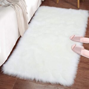 lochas soft fluffy faux fur rugs for bedroom bedside rug 2x3 feet, washable, furry sheepskin area rug for living room girls room, luxury shag carpet home decor, white