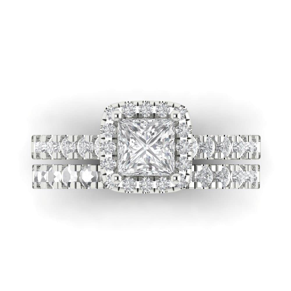 Clara Pucci 2.01 Carat Princess Cut Clear VVS1 Ideal Zircon 14k White Gold Halo W/Accents Wedding Anniversary Ring Band Set Size 7.5