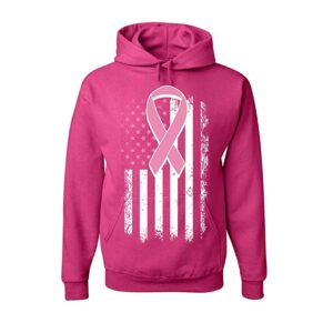 tee hunt pink ribbon distressed flag hoodie breast cancer awareness sweatshirt hot pink large