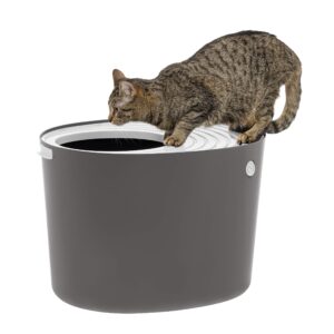 iris usa large top entry cat litter box with scoop, stylish round cat litter box enclosure, kitty litter box, dark gray/white