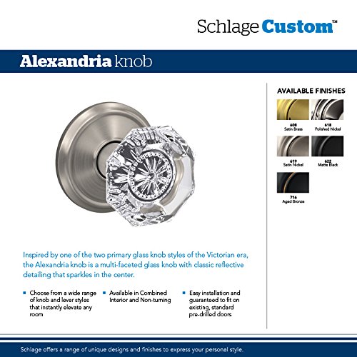 SCHLAGE Custom FC21 ALX 619 ALD Alexandria Glass Knob with Alden Trim Hall-Closet and Bed-Bath Lock, Satin Nickel