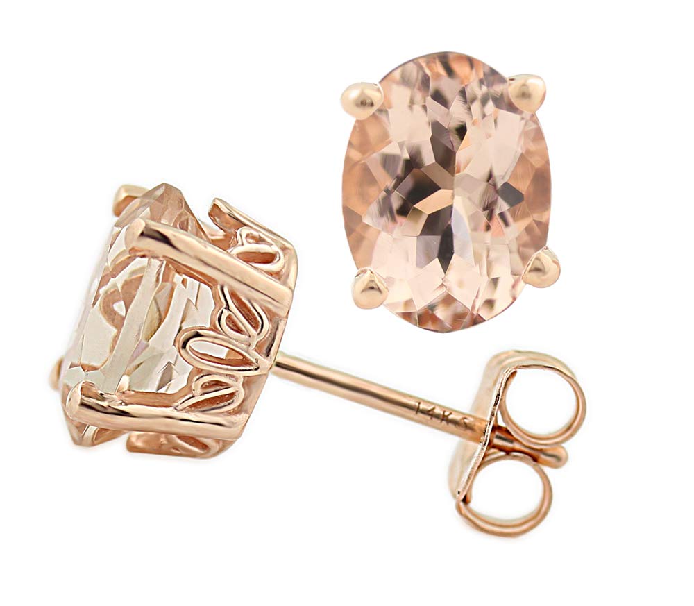 Solid 14k Rose Gold Natural Morganite Stud Earrings (8x6mm Oval) (rose-gold)