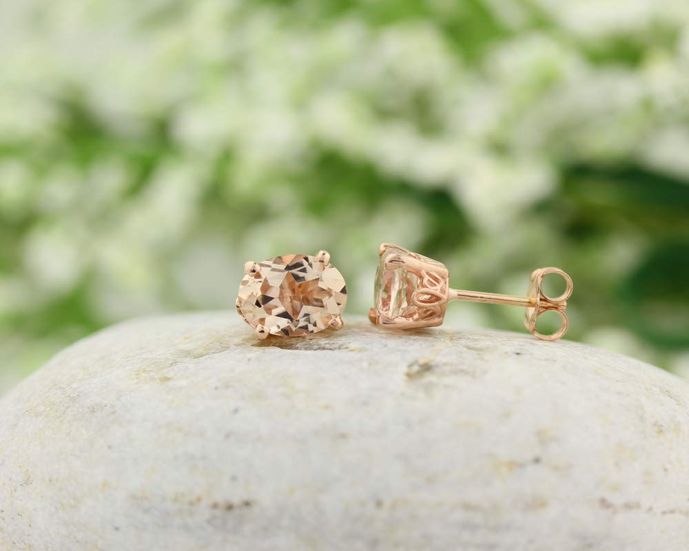 Solid 14k Rose Gold Natural Morganite Stud Earrings (8x6mm Oval) (rose-gold)