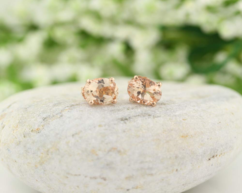 Solid 14k Rose Gold Natural Morganite Stud Earrings (8x6mm Oval) (rose-gold)