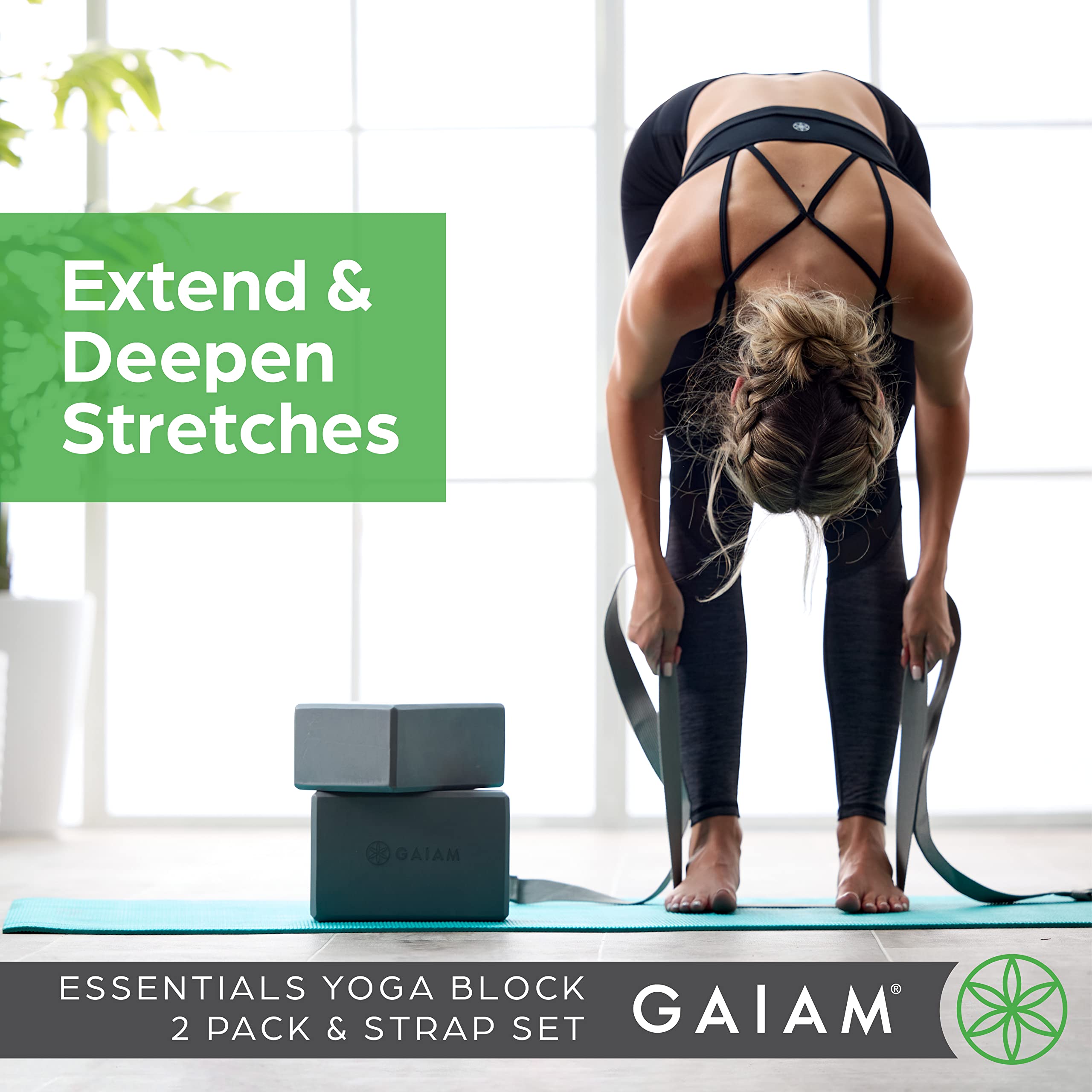 Gaiam Yoga Block & Yoga Strap Combo Set - Yoga Block with Strap, Pilates & Yoga Props to Help Extend & Deepen Stretches, Yoga Kit for Stability, Balance & Optimal Alignment