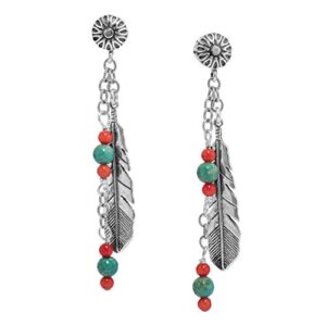 american west jewelry sterling green turquoise & red coral gemstones feather dangle earrings