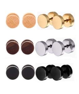 tanyoyo wood cheater fake ear plugs gauges illusion screw stud earrings 3pair a set (3pair wood+ 3pair steel)