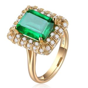 vintage women 18k gold rectangle green simulated emerald gemstone crystal band rings jewelry size 7