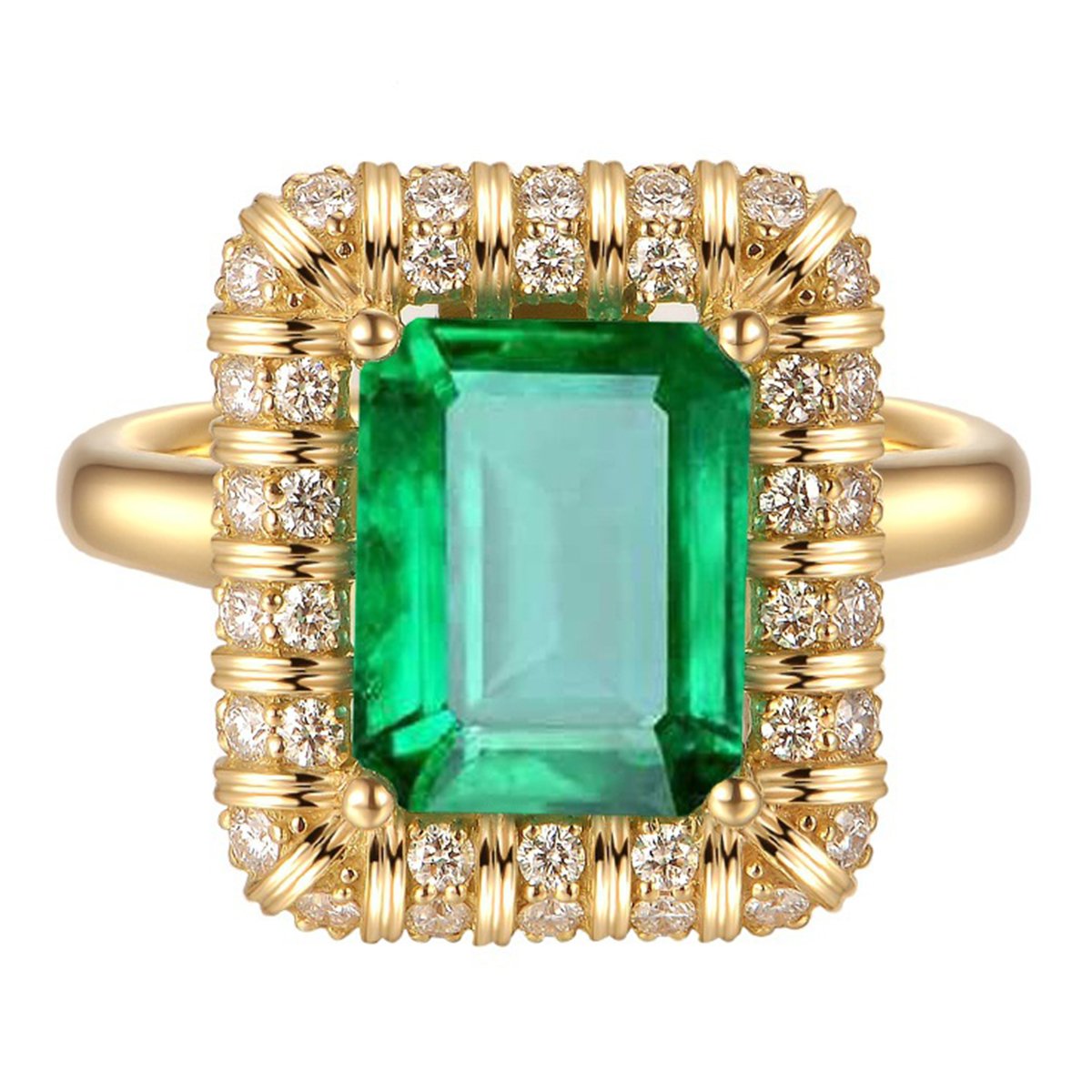 Vintage Women 18K Gold Rectangle Green Simulated Emerald Gemstone Crystal Band Rings Jewelry Size 7