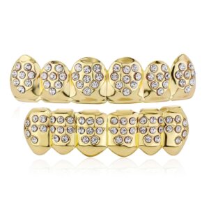 jinao gold grillz 14k gold plated iced out mouth teeth grillz top bottom tooth caps hip hop bling gold shiny grills for your teeth for men women costume jewelry (love heart)