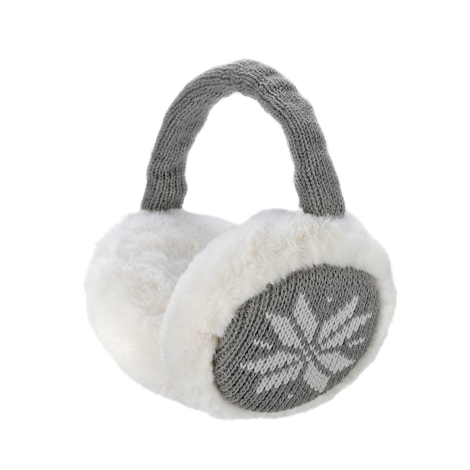 Sudawave Women's Winter Adjustable Knitted Ear Muffs With Faux Furry Outdoor Ear warmers (White Gray Snowflake)