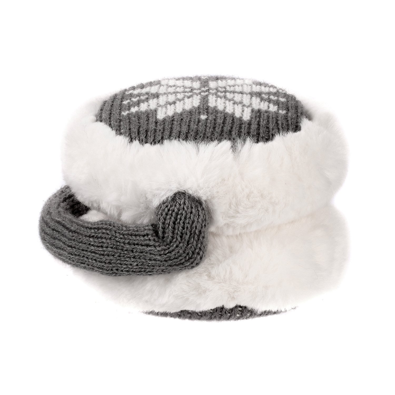 Sudawave Women's Winter Adjustable Knitted Ear Muffs With Faux Furry Outdoor Ear warmers (White Gray Snowflake)