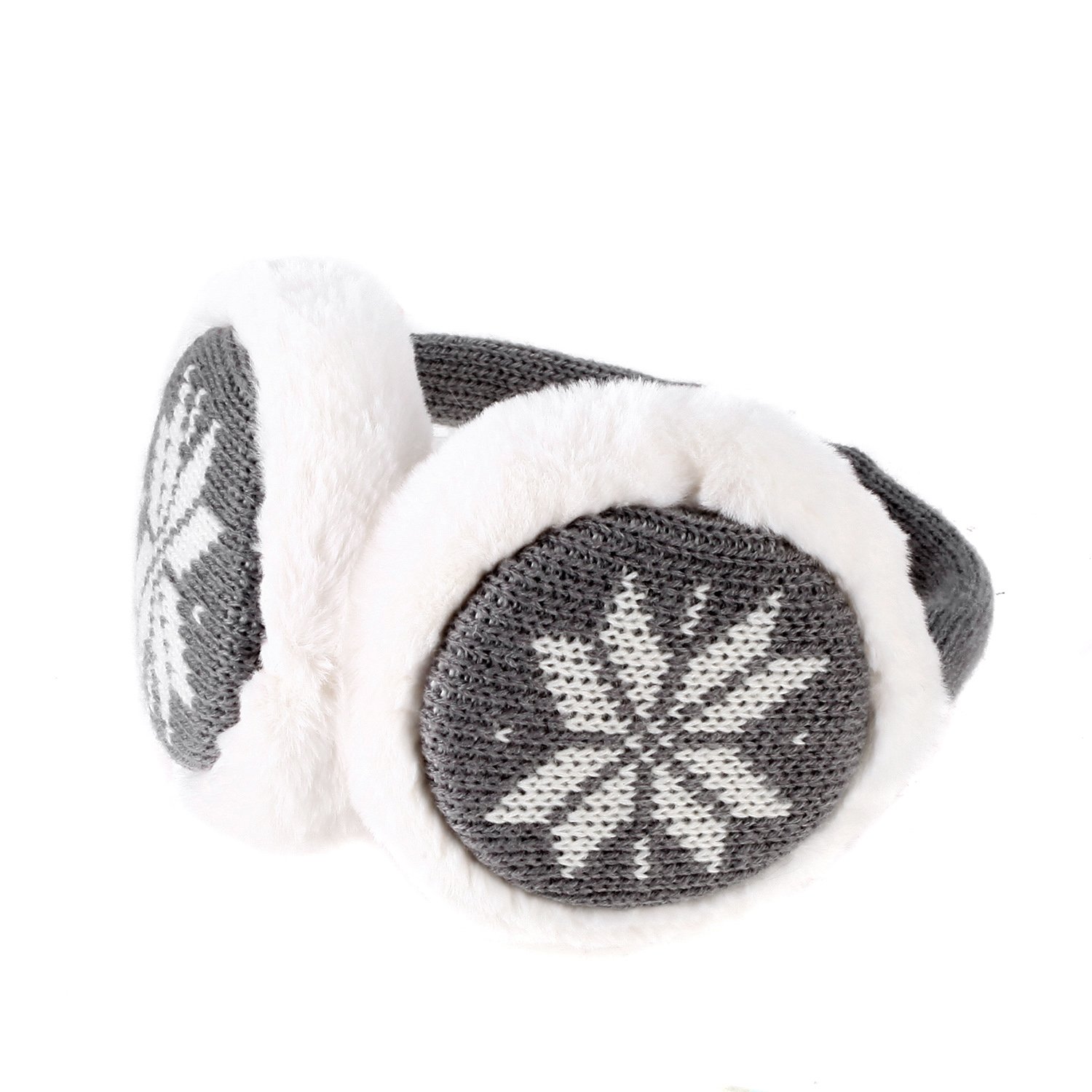 Sudawave Women's Winter Adjustable Knitted Ear Muffs With Faux Furry Outdoor Ear warmers (White Gray Snowflake)