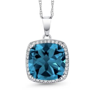 gem stone king 10k white gold london blue topaz & white created sapphire pendant necklace for women (8.54 cttw, gemstone birthstone, cushion cut 12mm, with 18 inch chain)