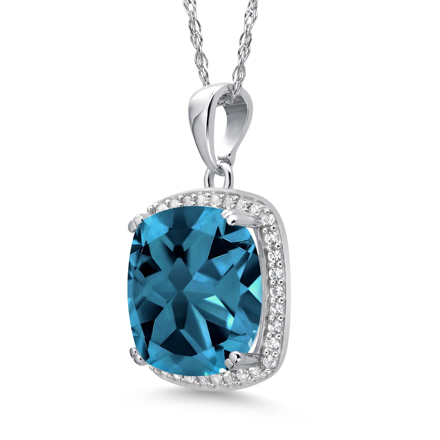 Gem Stone King 10K White Gold London Blue Topaz & White Created Sapphire Pendant Necklace For Women (8.54 Cttw, Gemstone Birthstone, Cushion Cut 12MM, with 18 Inch Chain)