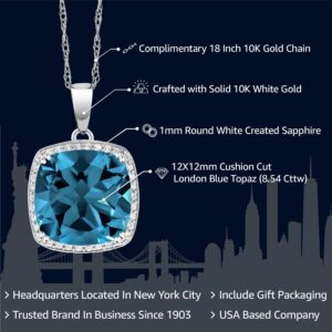 Gem Stone King 10K White Gold London Blue Topaz & White Created Sapphire Pendant Necklace For Women (8.54 Cttw, Gemstone Birthstone, Cushion Cut 12MM, with 18 Inch Chain)