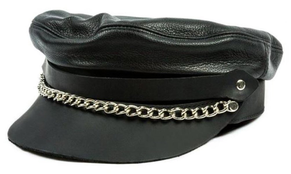 Mascorro Men's Flat Top Genuine Leather Biker Cap with Chain, Black Leather C58