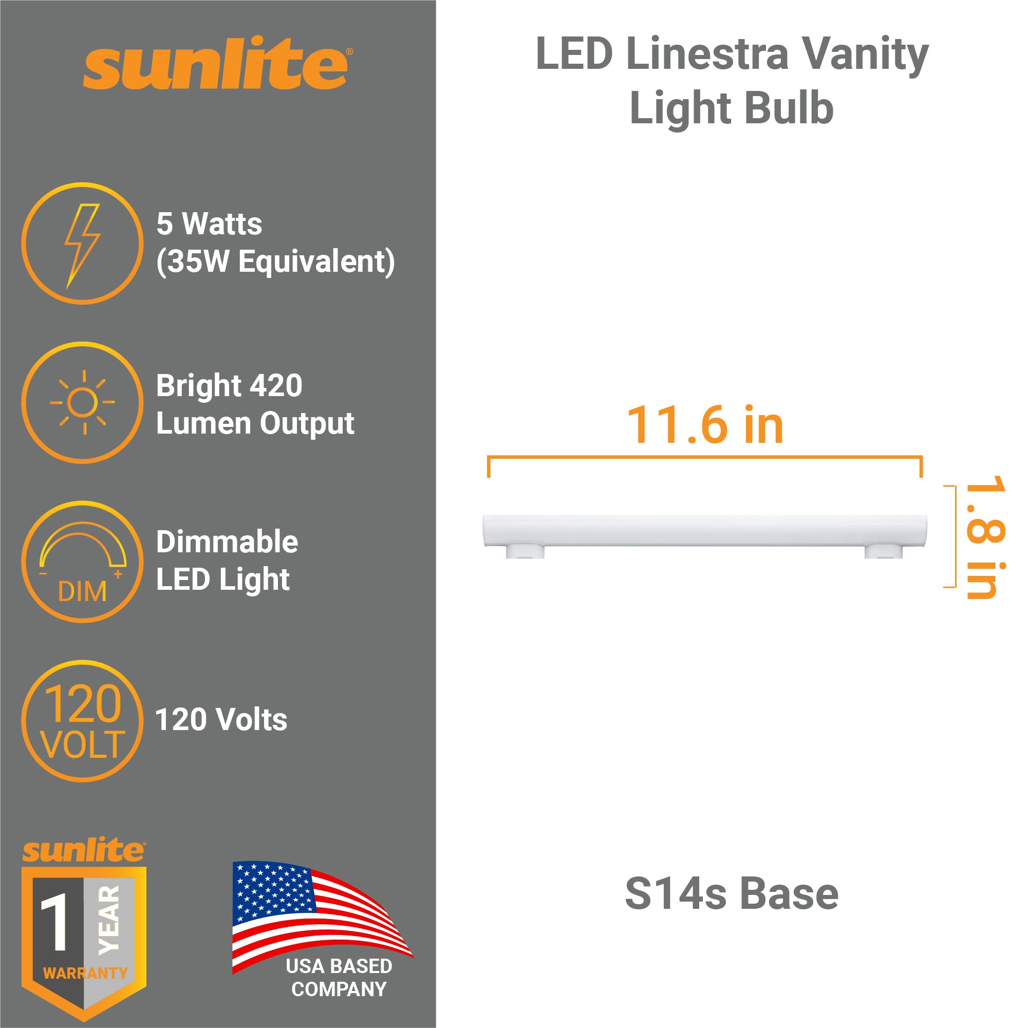 Sunlite 53149 LED Linestra Vanity Light Bulb LN35 Replacement Lightbulb, 11.6 Inches, 5 Watt (35W Equivalent), Dimmable, S14s Base, 420 Lumens, 27K-Warm White