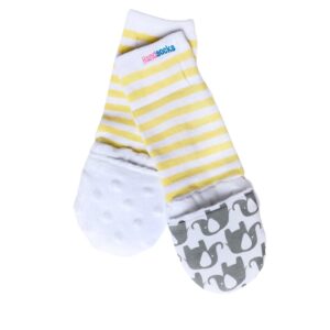 handsocks plushy stay on strap-free no-scratch & warmth mittens (medium 6-12 months. bicep size should be bicep 5.0"-8.0"), olivia (grey/yellow elephant) - one pair