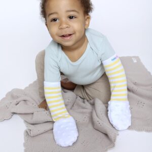 Handsocks Plushy Stay On Strap-Free No-Scratch & Warmth Mittens (Medium 6-12 Months. Bicep Size Should be Bicep 5.0"-8.0"), Olivia (Grey/Yellow Elephant) - One Pair